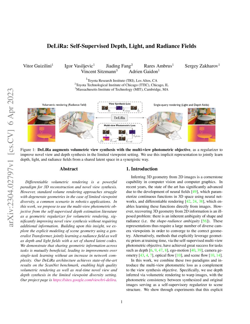 DeLiRa: Self-Supervised Depth, Light, and Radiance Fields | DeepAI