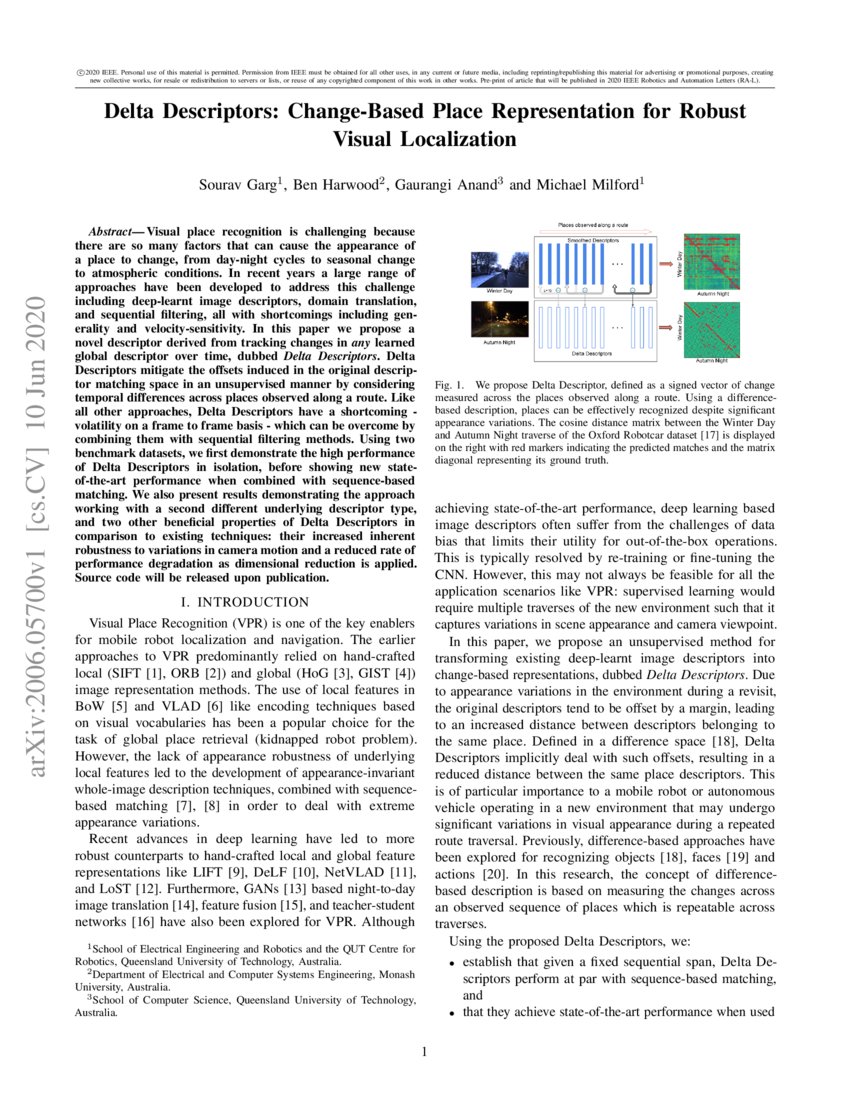 Delta Descriptors: Change-Based Place Representation for Robust Visual Localization | DeepAI