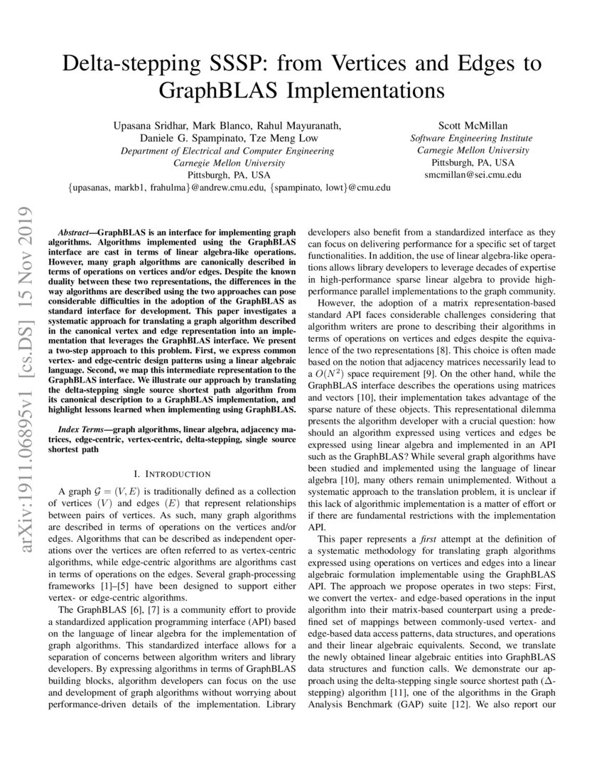 Delta Stepping Sssp From Vertices And Edges To Graphblas Implementations Deepai 7957