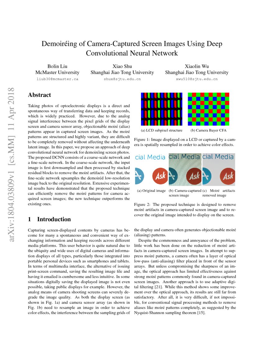 Demoiréing Of Camera Captured Screen Images Using Deep Convolutional Neural Network Deepai