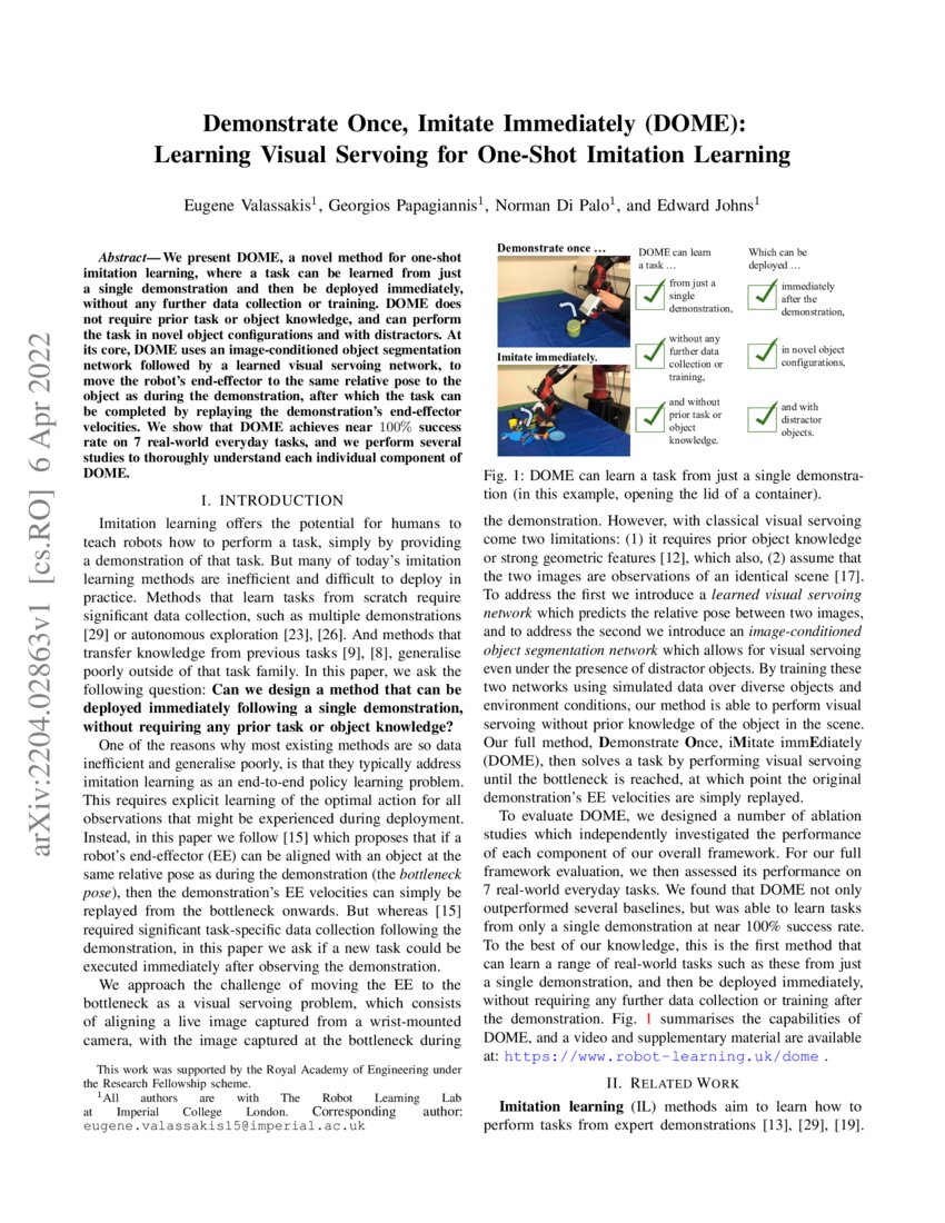 Demonstrate Once, Imitate Immediately (DOME): Learning Visual Servoing for One-Shot Imitation ...