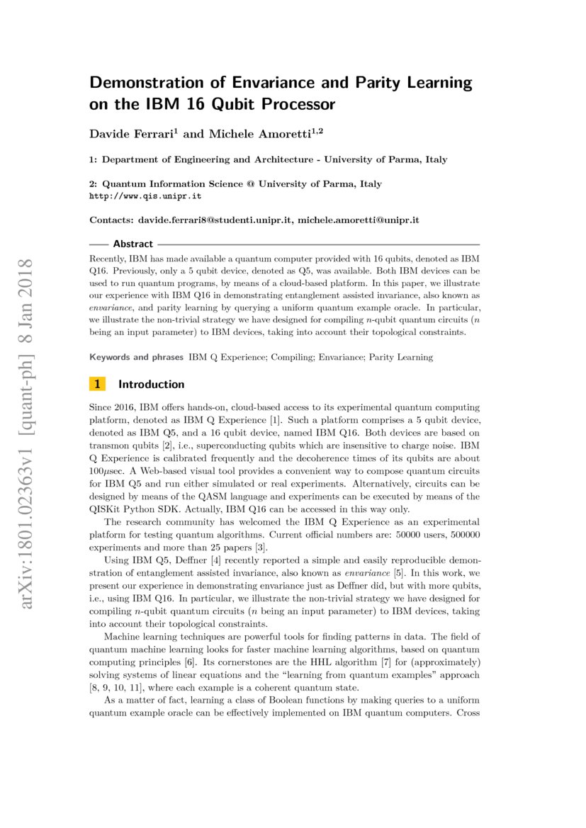 Demonstration of Envariance and Parity Learning on the IBM 16 Qubit ...