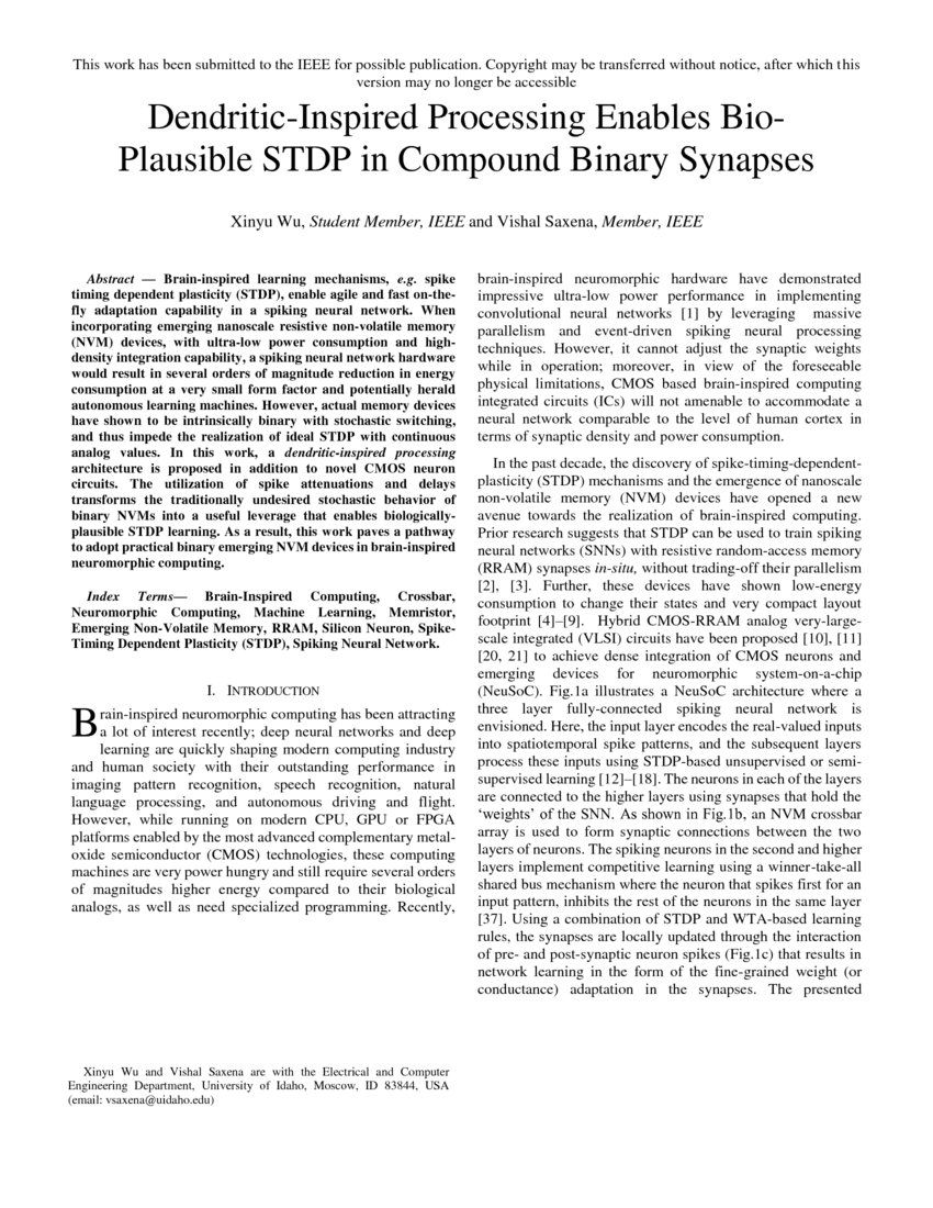 Dendritic-Inspired Processing Enables Bio-Plausible STDP in Compound Binary Synapses | DeepAI
