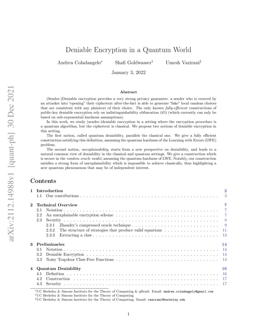 Deniable Encryption In A Quantum World Deepai 