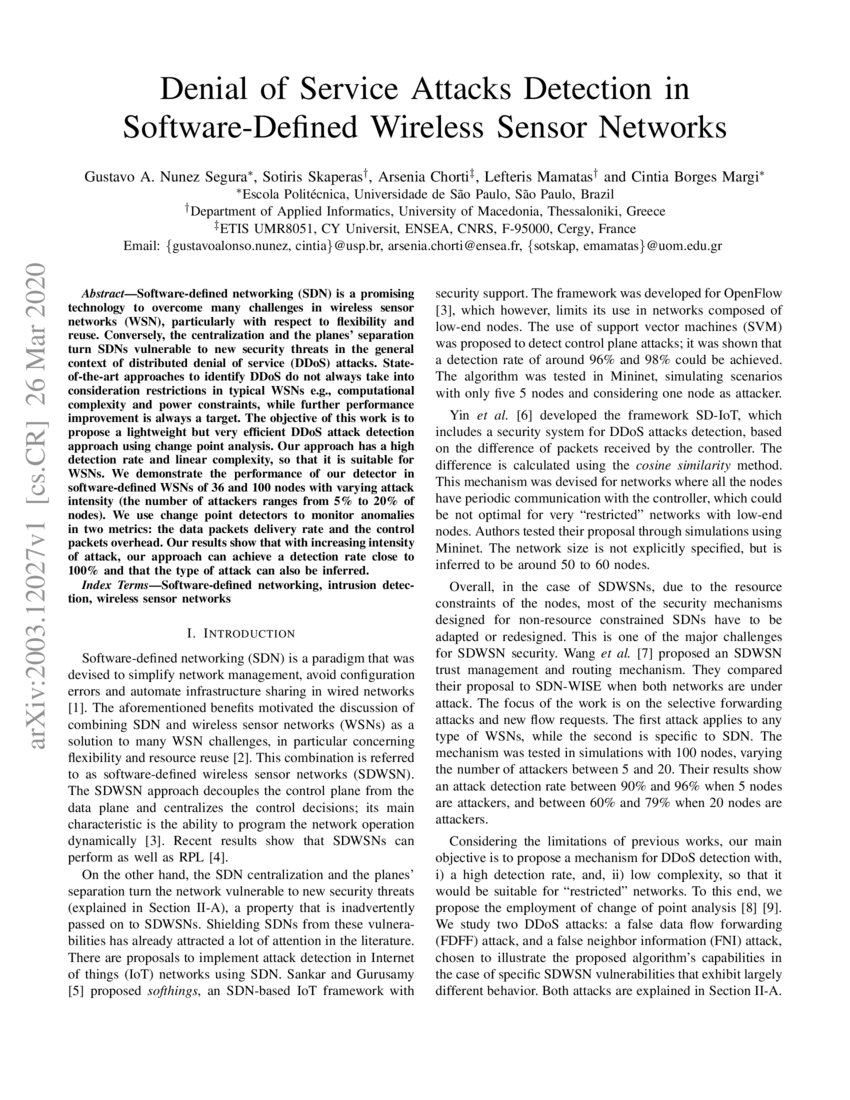 Denial Of Service Attacks Detection In Software Defined Wireless Sensor Networks Deepai