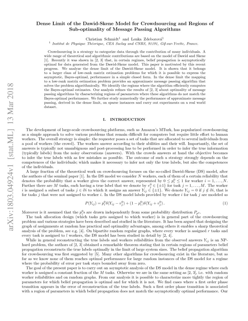 Dense Limit Of The Dawid Skene Model For Crowdsourcing And Regions Of Sub Optimality Of Message