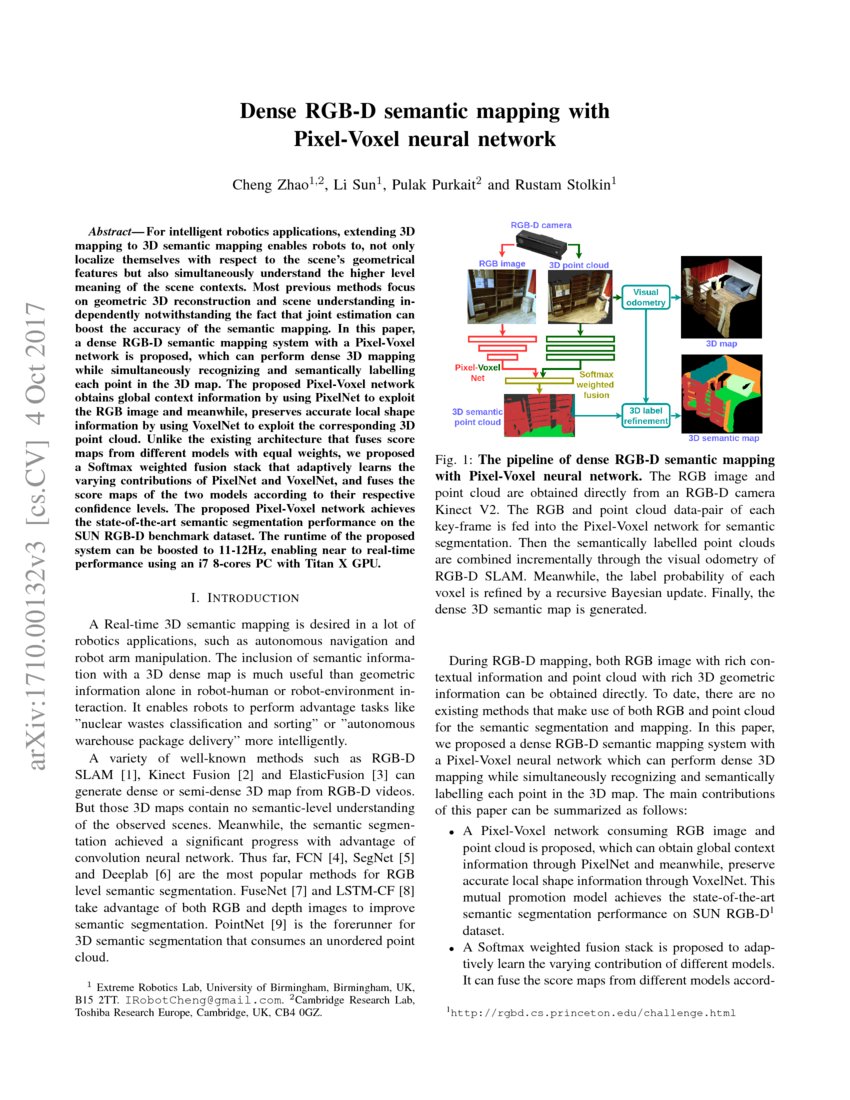 Dense Rgb D Semantic Mapping With Pixel Voxel Neural Network Deepai