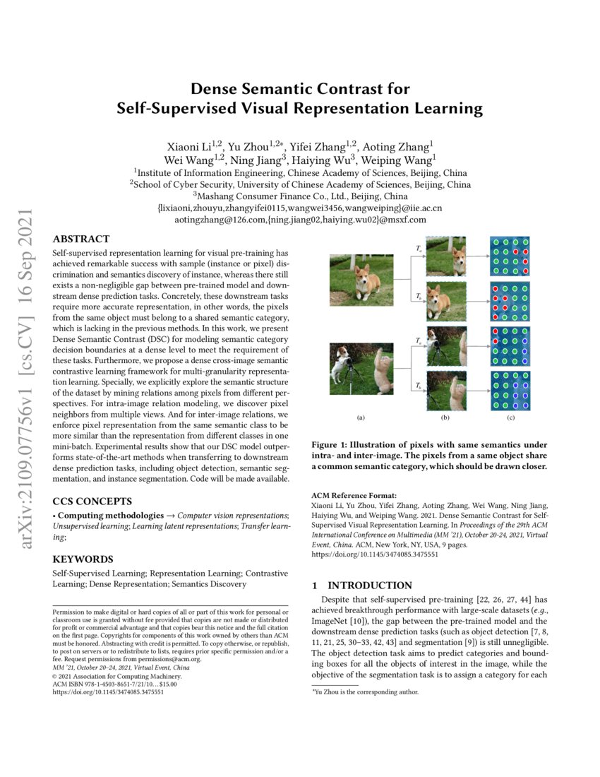 Dense Semantic Contrast For Self Supervised Visual Representation Learning Deepai