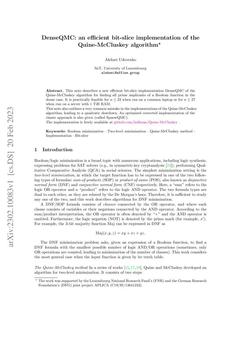 Denseqmc An Efficient Bit Slice Implementation Of The Quine Mccluskey Algorithm Deepai 