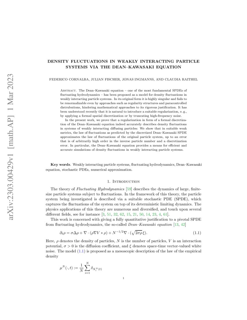 Density Fluctuations In Weakly Interacting Particle Systems Via The Dean Kawasaki Equation Deepai