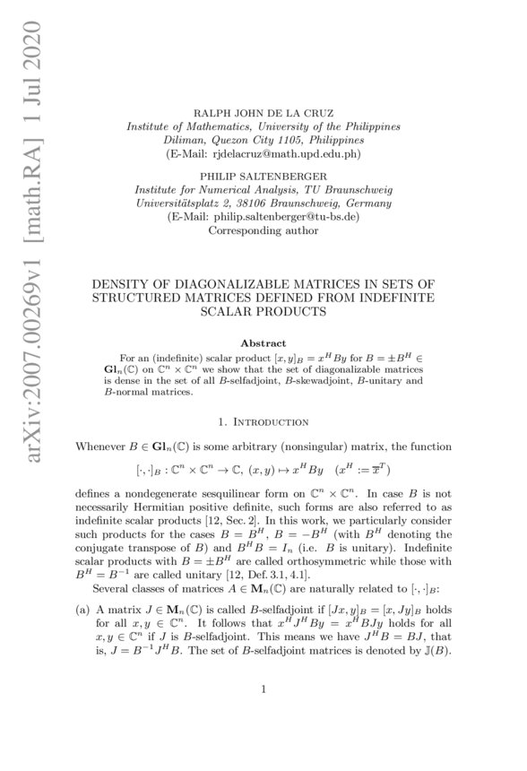 Density of diagonalizable matrices in sets of structured matrices defined from indefinite scalar ...