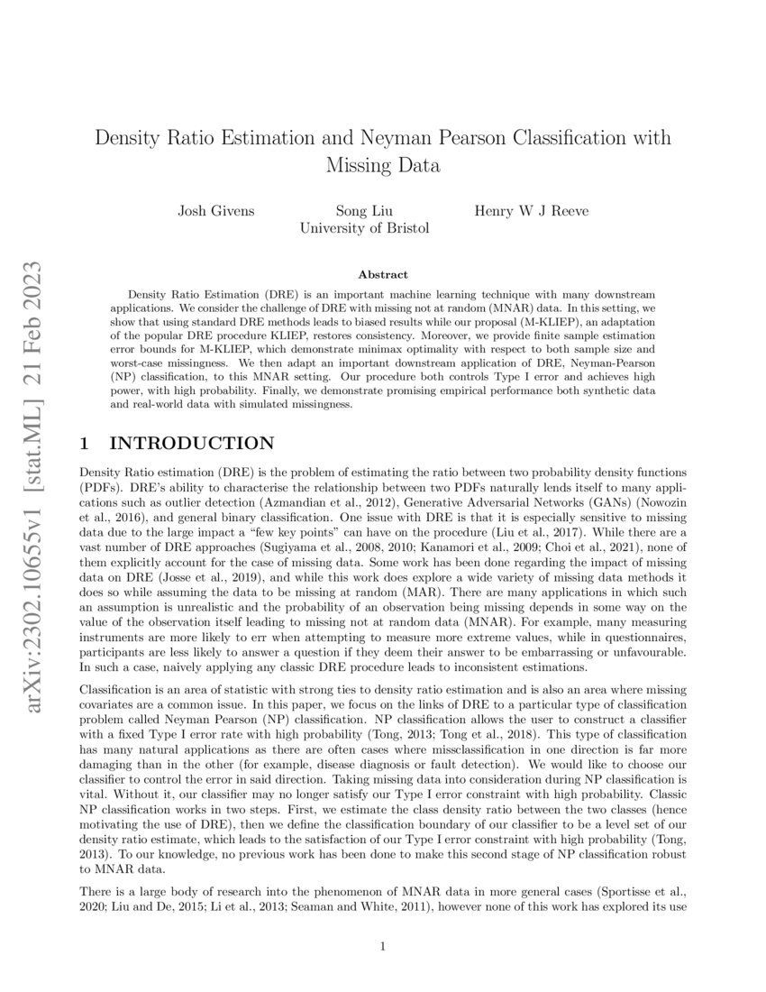 Density Ratio Estimation and Neyman Pearson Classification with Missing Data | DeepAI