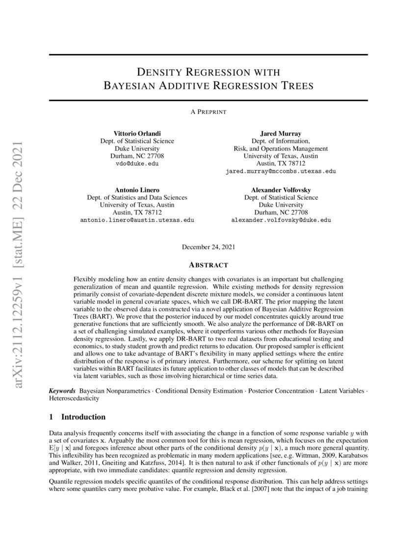Density Regression with Bayesian Additive Regression Trees | DeepAI Density Regression with Bayesian Additive Regression Trees | DeepAI