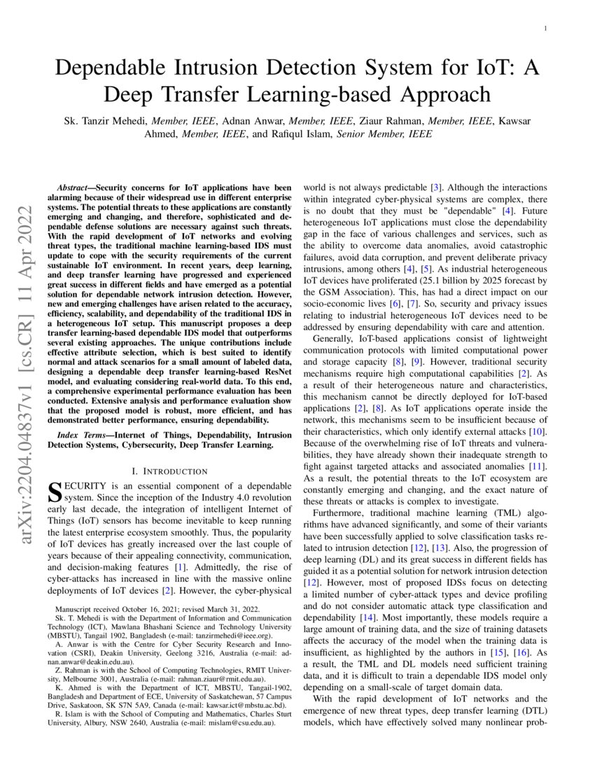 Dependable Intrusion Detection System for IoT: A Deep Transfer Learning ... Dependable Intrusion Detection System for IoT: A Deep Transfer Learning ...