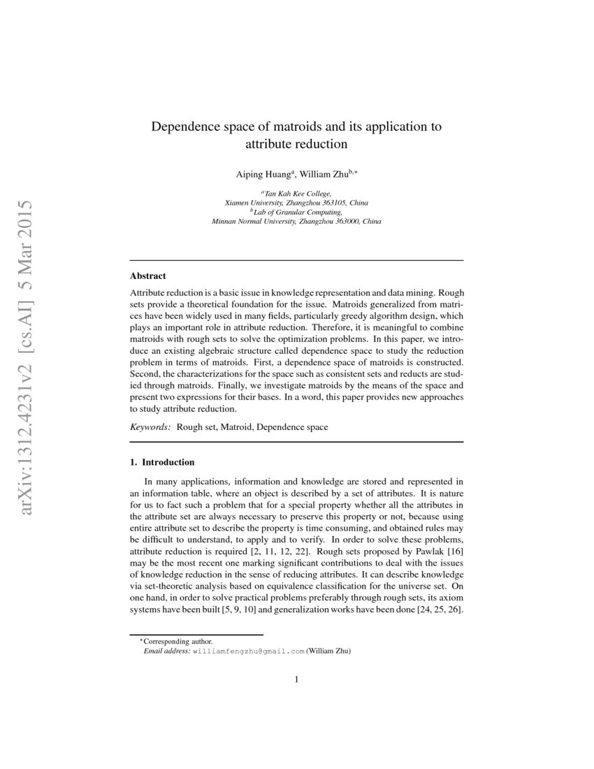 Dependence space of matroids and its application to attribute reduction | DeepAI