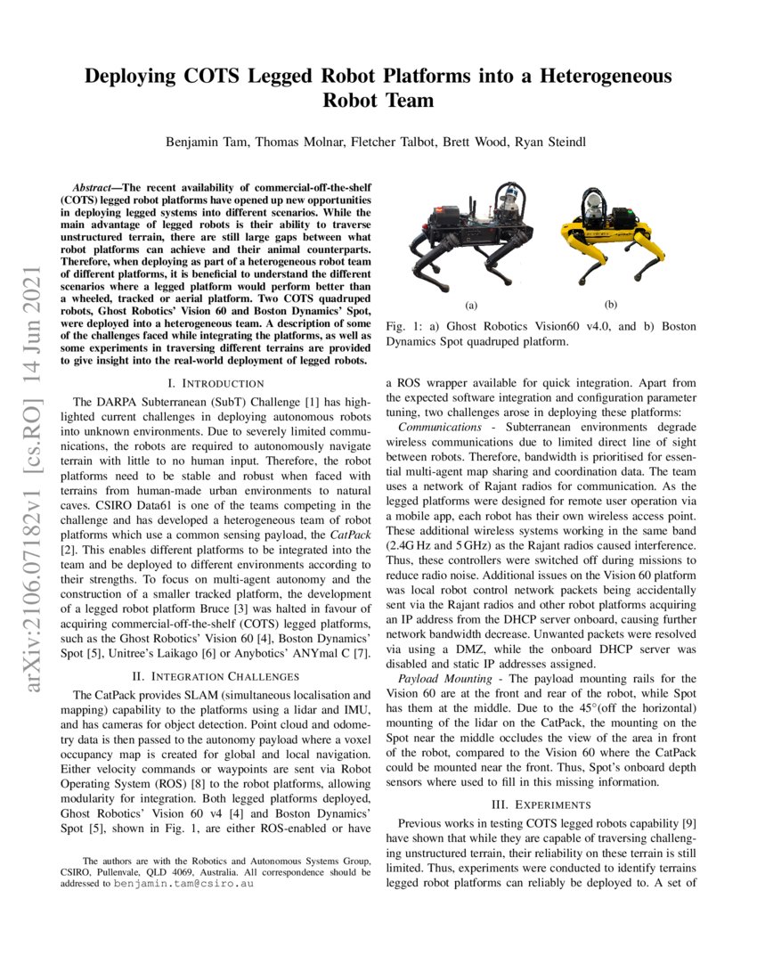 Deploying COTS Legged Robot Platforms into a Heterogeneous Robot Team | DeepAI
