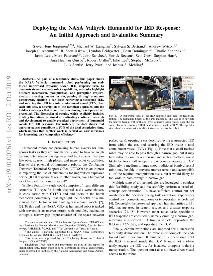 Deploying the NASA Valkyrie Humanoid for IED Response: An Initial Approach and Evaluation ...
