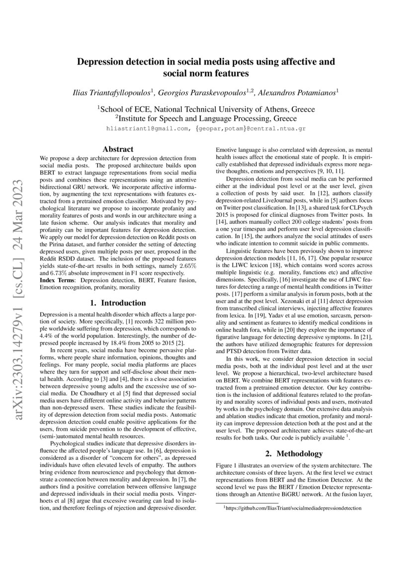 Depression Detection In Social Media Posts Using Affective And Social