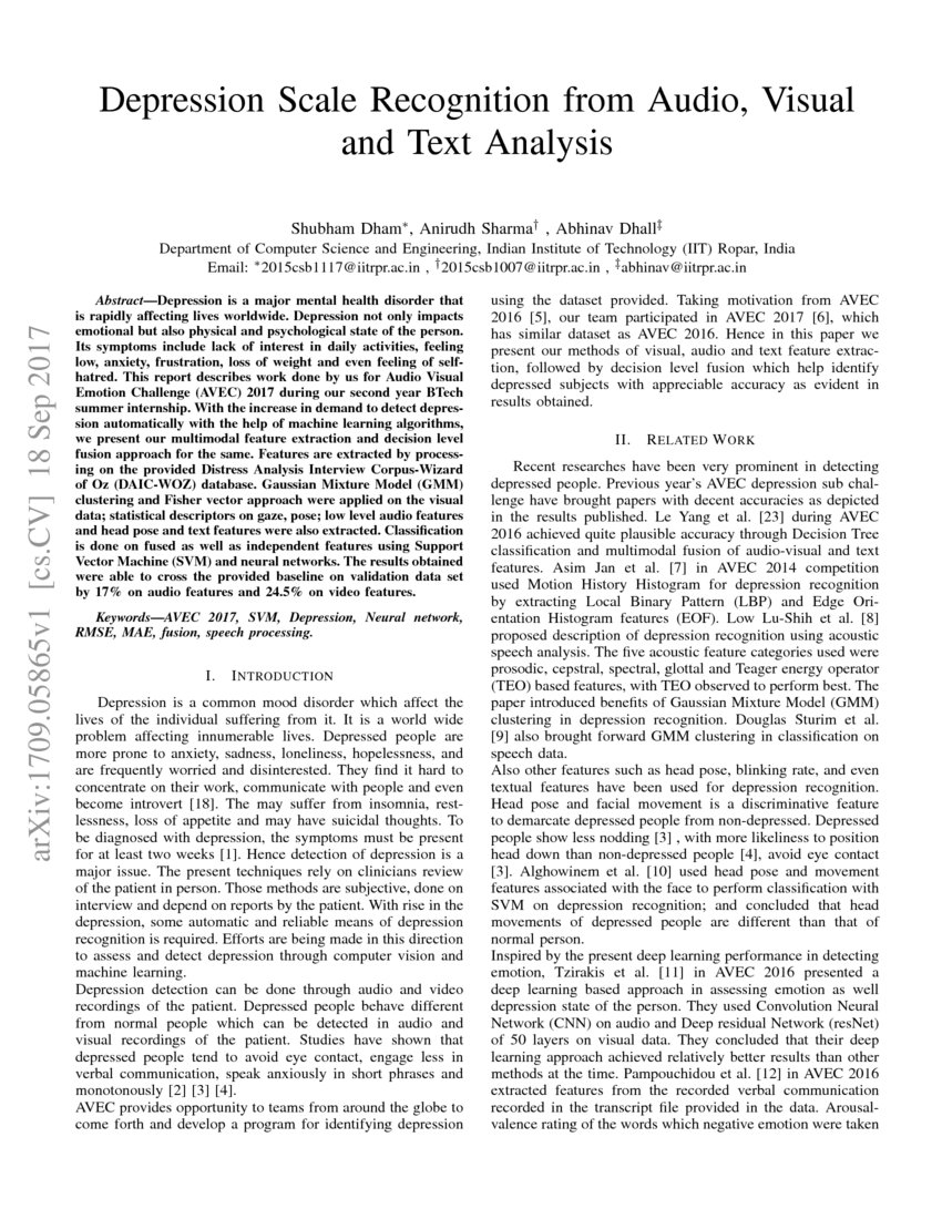 Depression Scale Recognition From Audio Visual And Text Analysis Deepai 