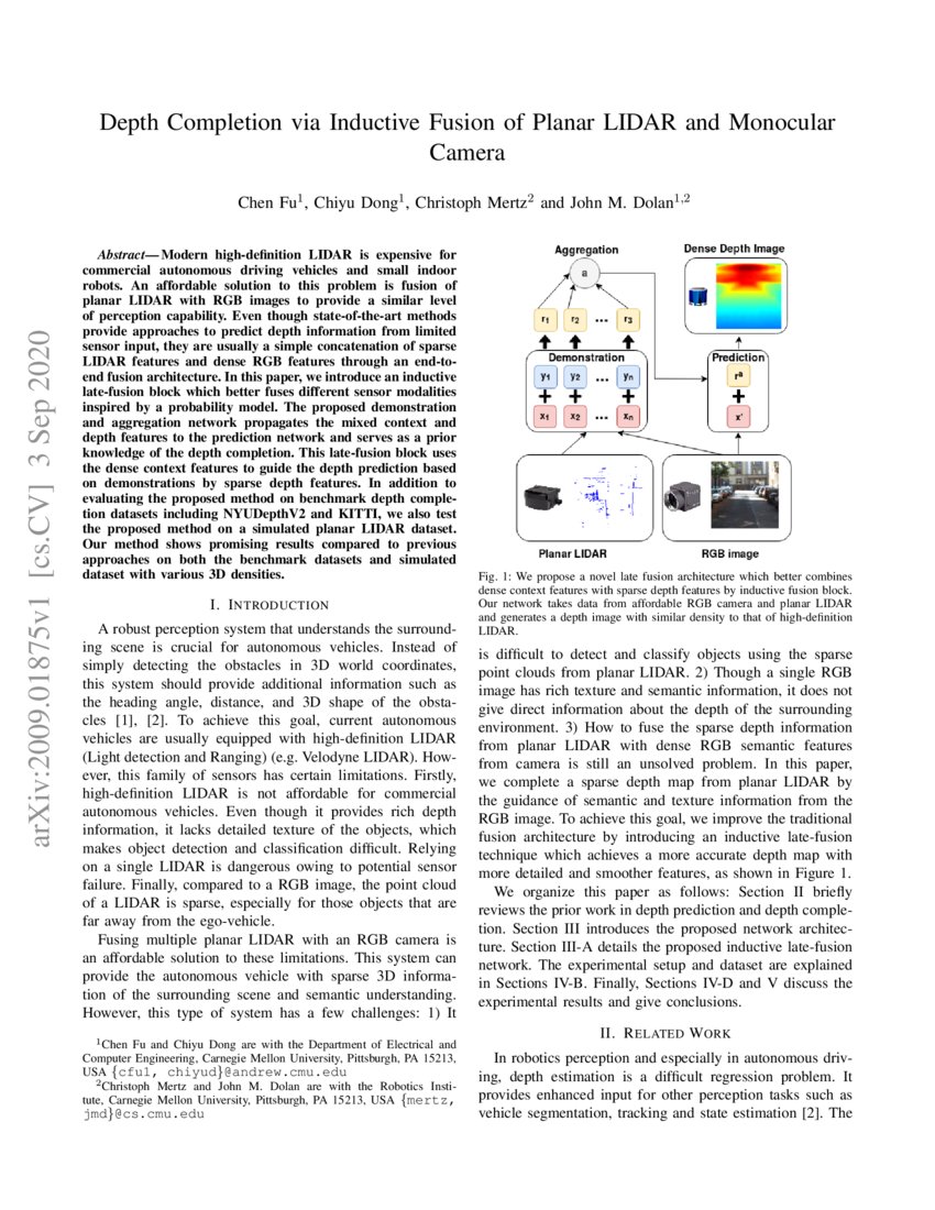 Depth Completion via Inductive Fusion of Planar LIDAR and Monocular Camera | DeepAI