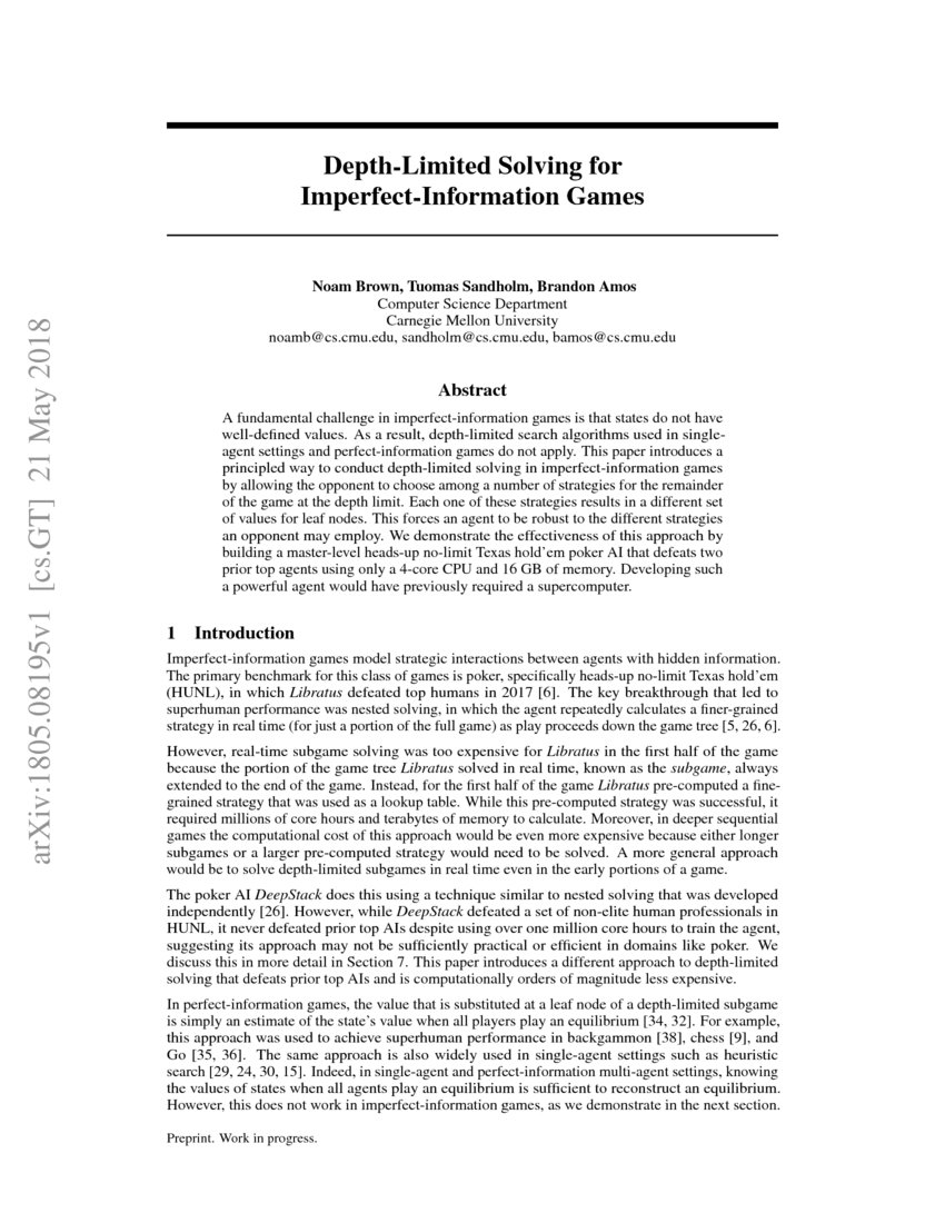 Depth-Limited Solving for Imperfect-Information Games | DeepAI