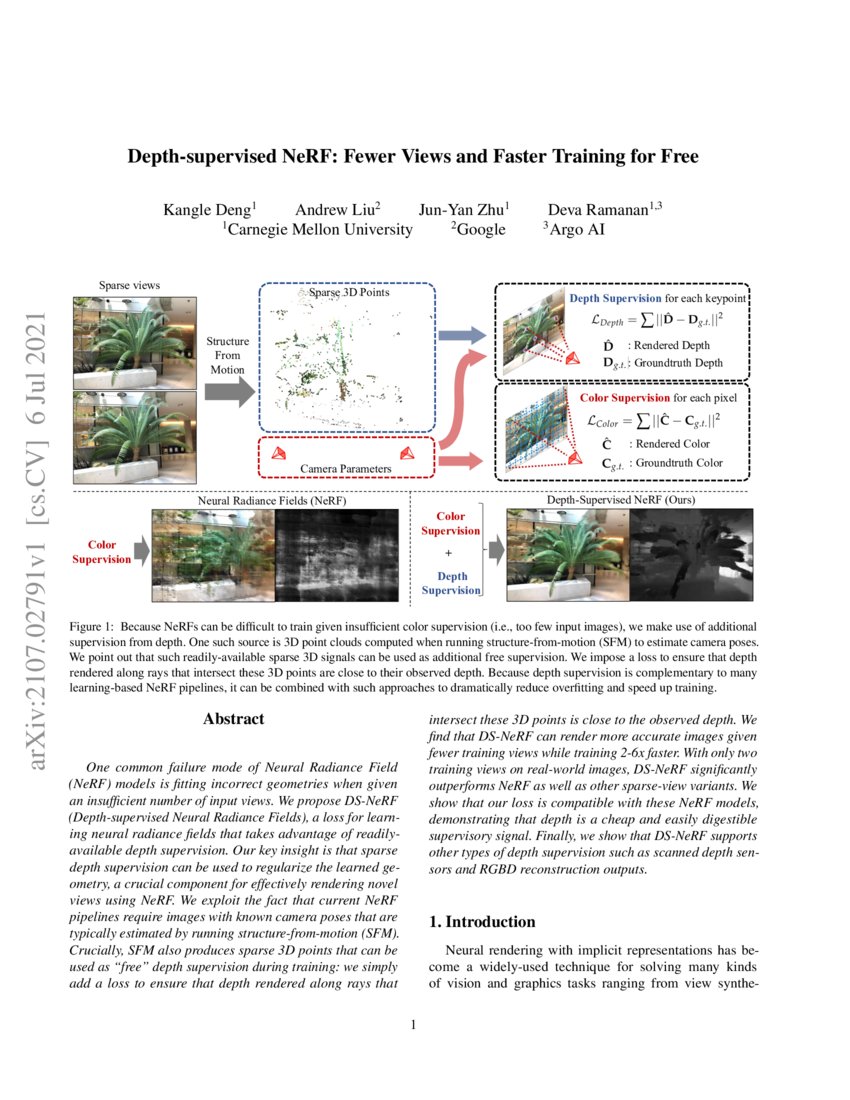 Depth-supervised NeRF: Fewer Views and Faster Training for Free | DeepAI