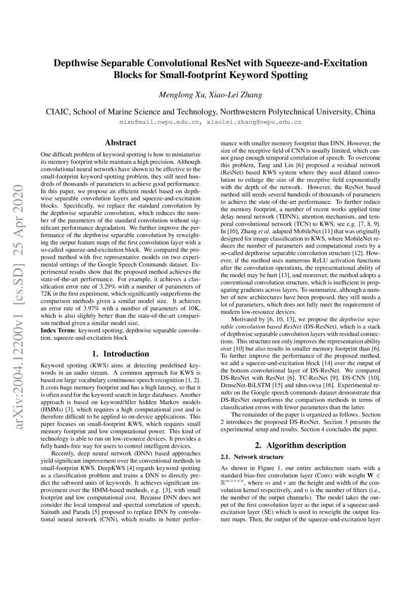 Depthwise Separable Convolutional ResNet with Squeeze-and-Excitation Blocks for Small-footprint ...