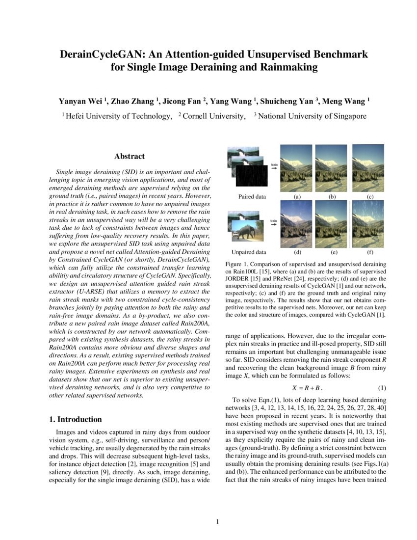 DerainCycleGAN: An Attention-guided Unsupervised Benchmark for Single Image Deraining and ...