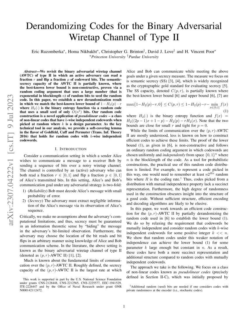 Derandomizing Codes for the Binary Adversarial Wiretap Channel of Type II | DeepAI