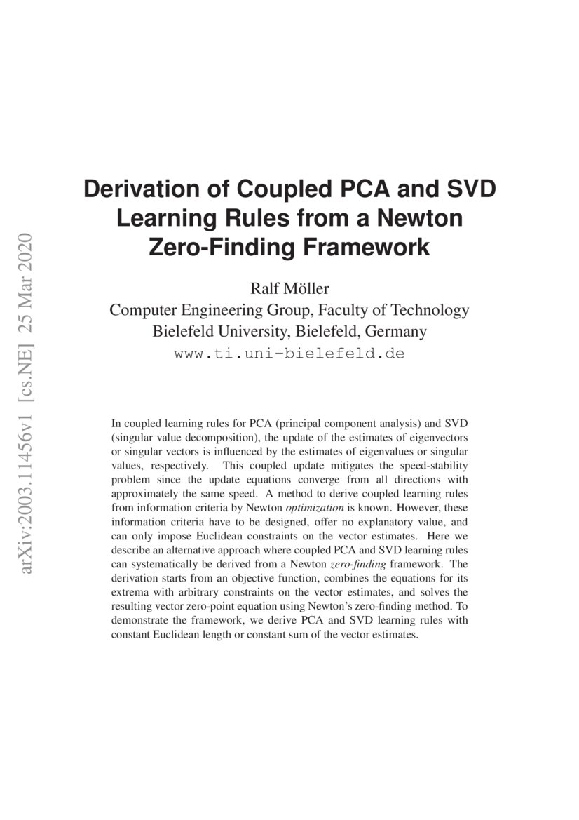 Derivation of Coupled PCA and SVD Learning Rules from a Newton Zero-Finding Framework | DeepAI