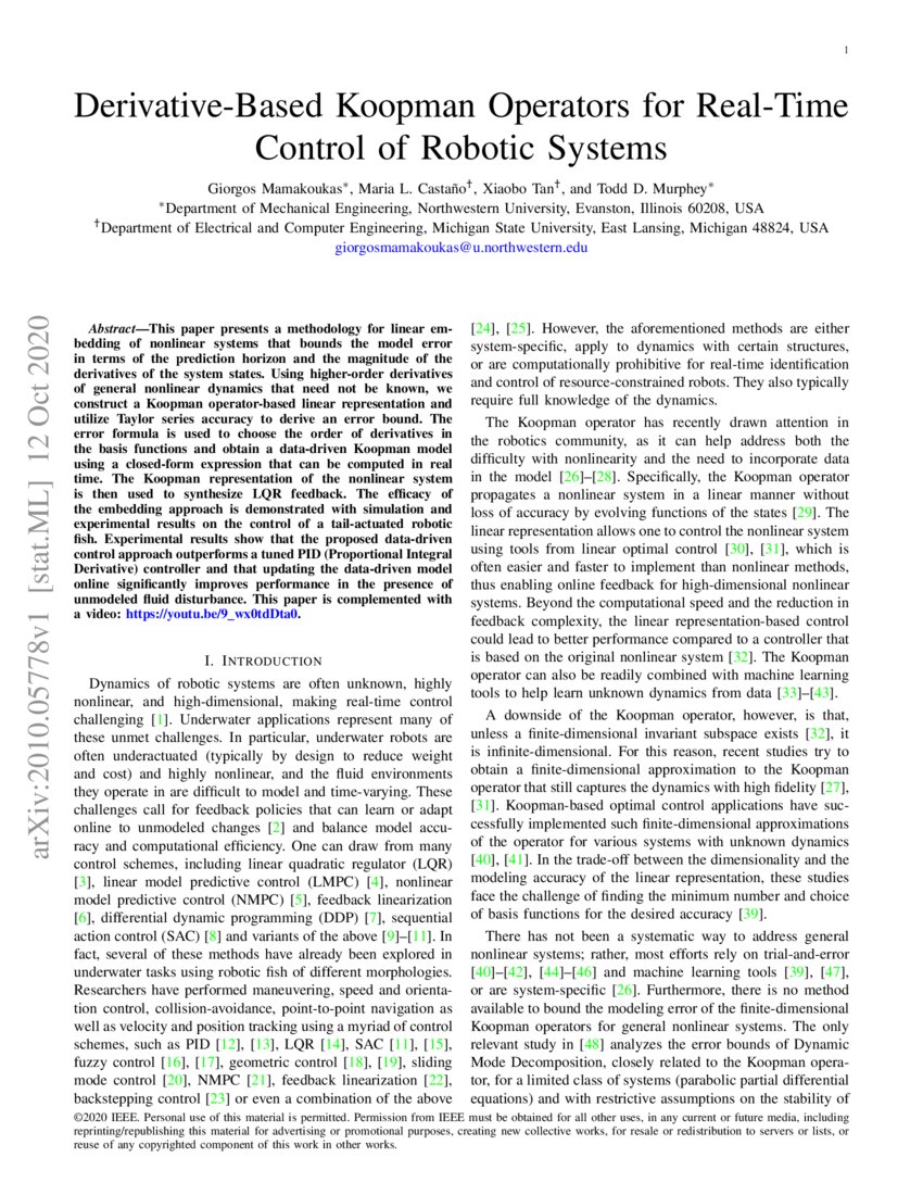 Derivative-Based Koopman Operators for Real-Time Control of Robotic Systems | DeepAI