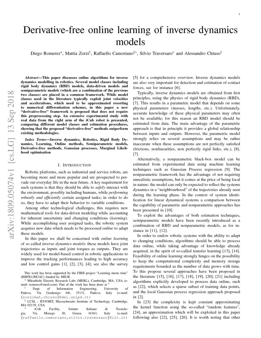 Derivative-free online learning of inverse dynamics models | DeepAI