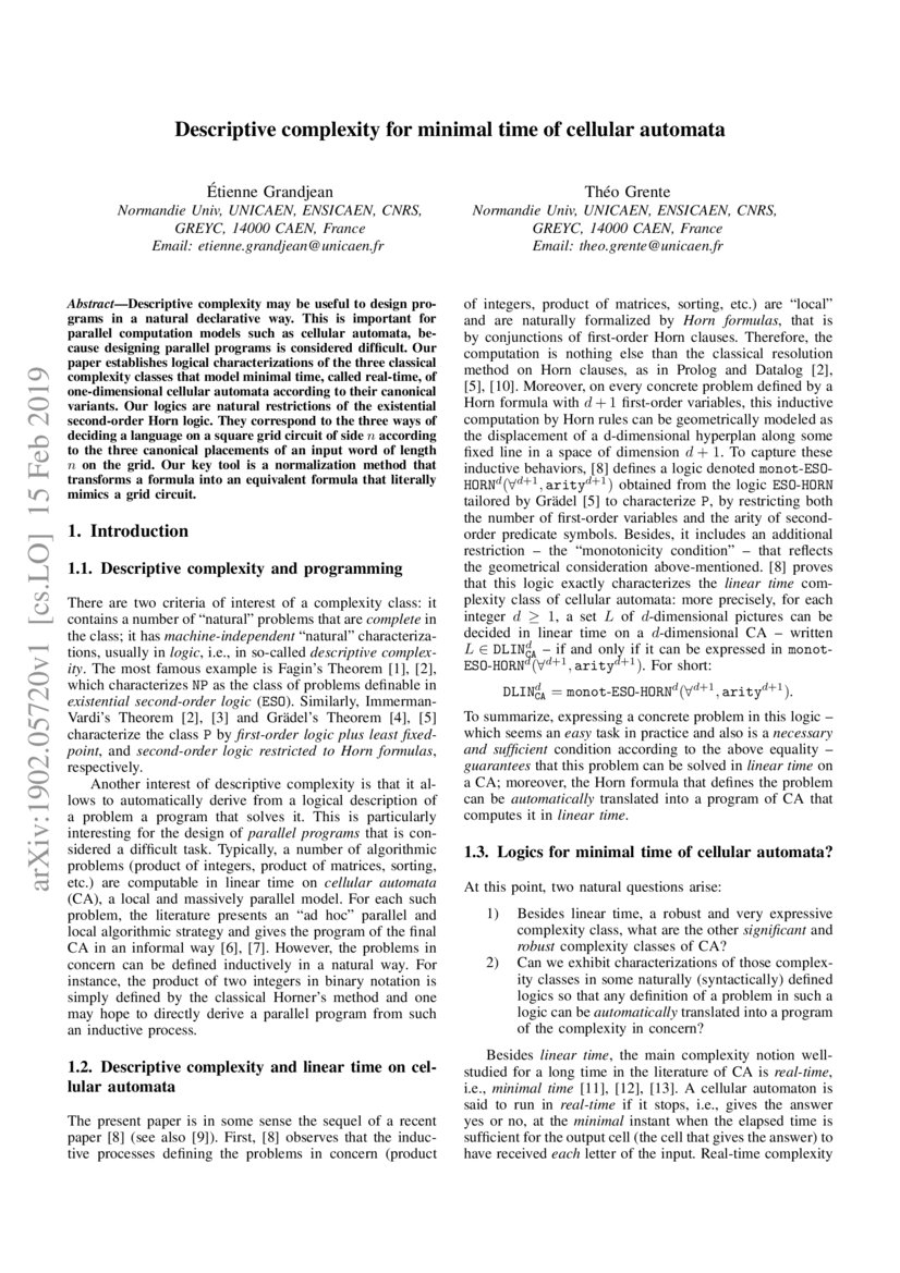 Descriptive Complexity For Minimal Time Of Cellular Automata Deepai