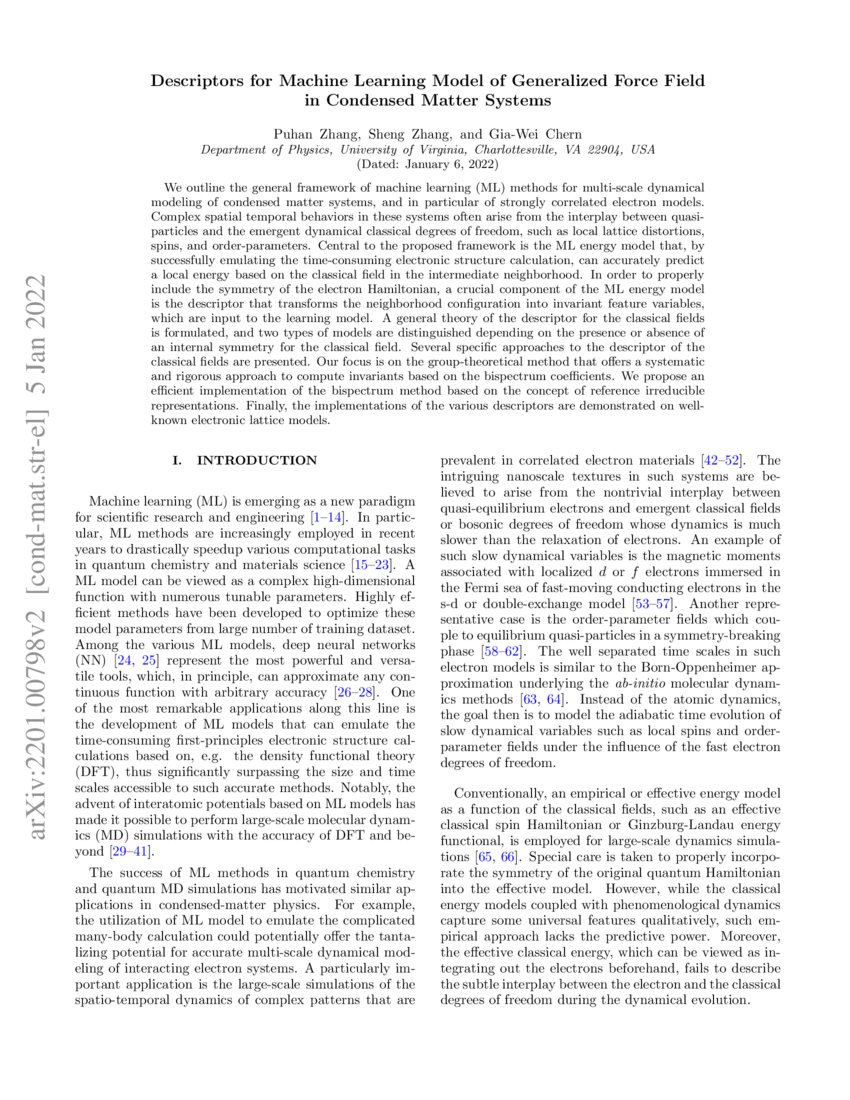 Descriptors for Machine Learning Model of Generalized Force Field in ...