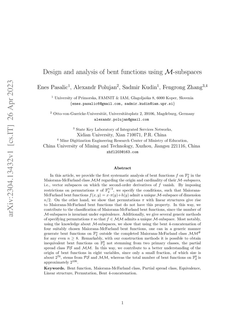 Design And Analysis Of Bent Functions Using ℳ Subspaces Deepai 0831