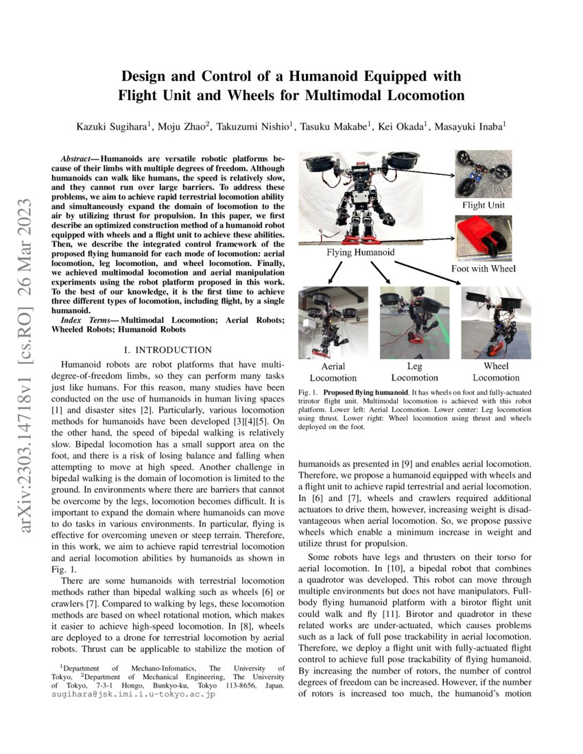 Design And Control Of A Humanoid Equipped With Flight Unit And Wheels For Multimodal Locomotion
