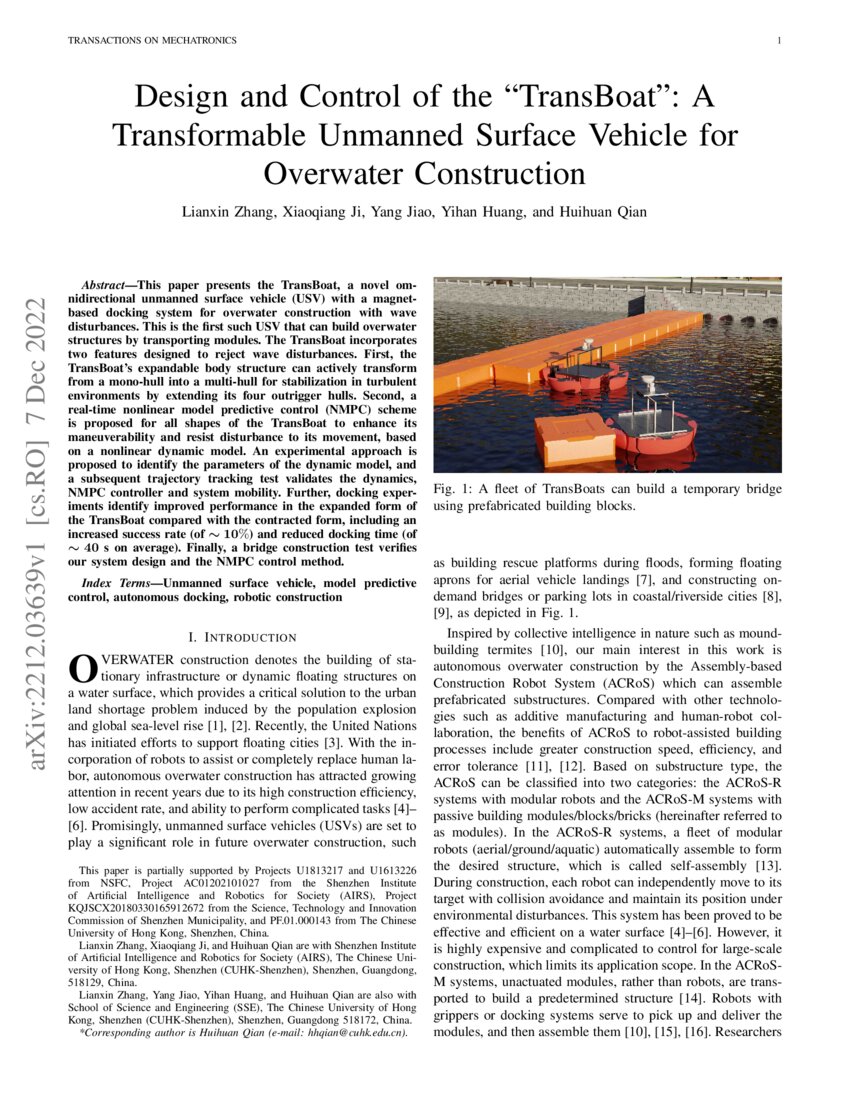 Design and Control of the "TransBoat": A Transformable Unmanned Surface Vehicle for Overwater ...
