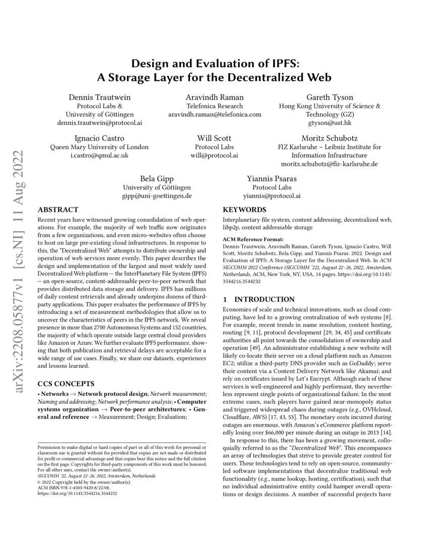 Design And Evaluation Of Ipfs A Storage Layer For The Decentralized