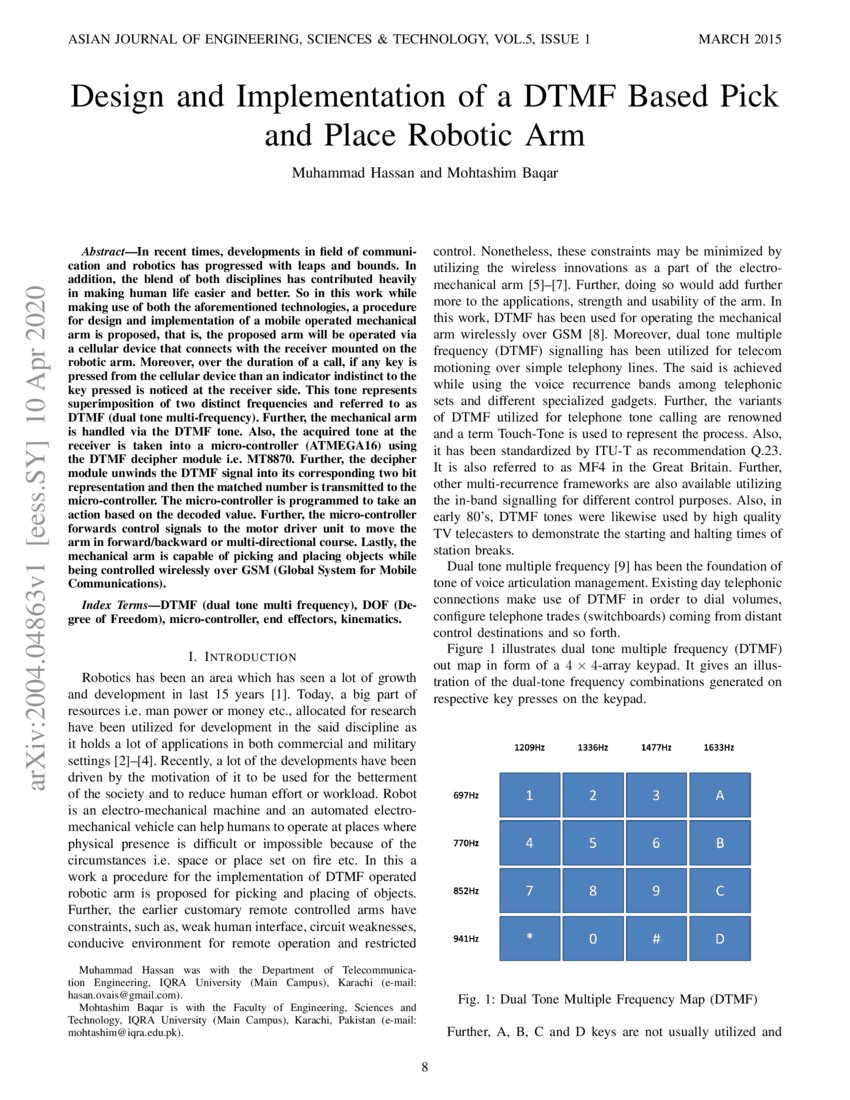 Design and Implementation of a DTMF Based Pick and Place Robotic Arm | DeepAI