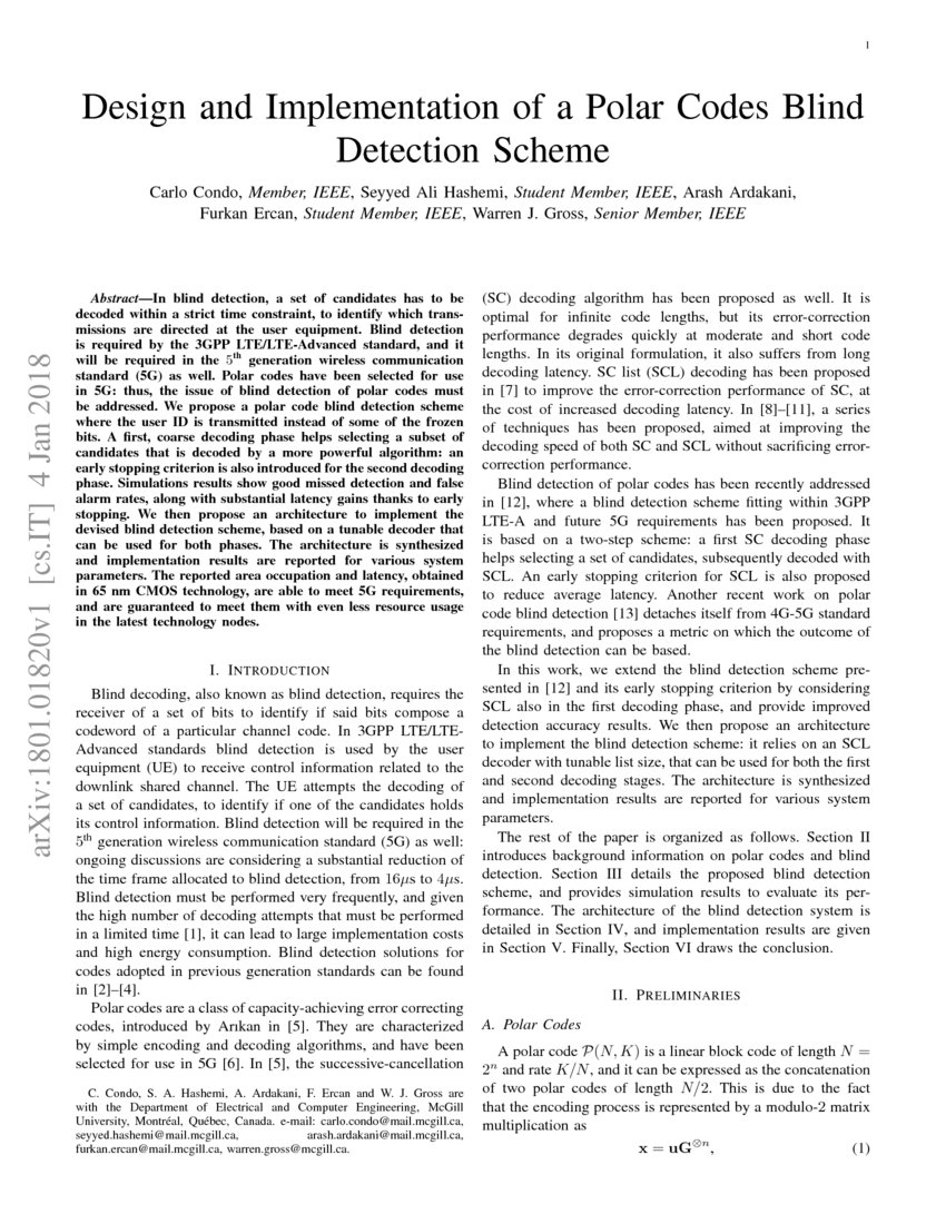 Design And Implementation Of A Polar Codes Blind Detection Scheme Deepai