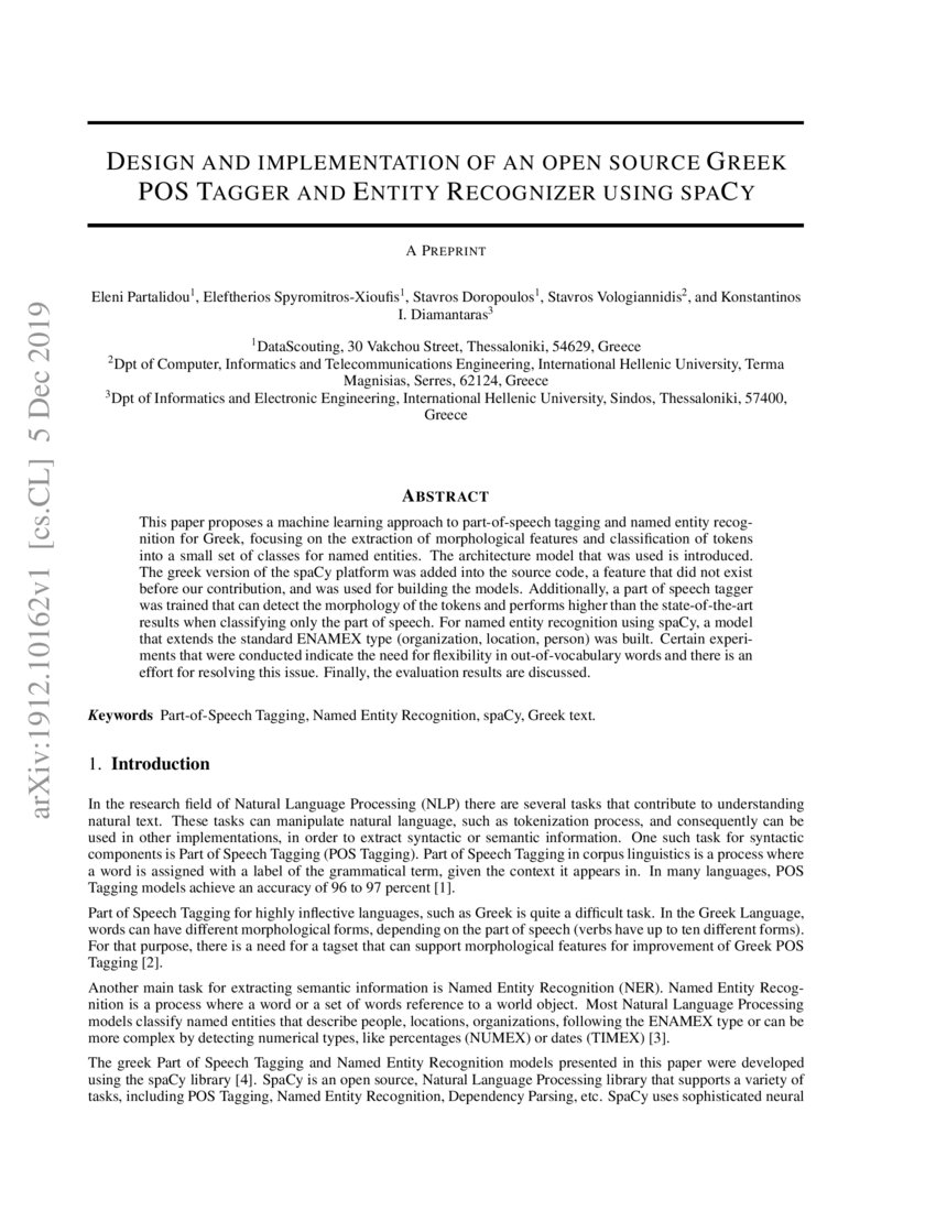 Design and implementation of an open source Greek POS Tagger and Entity Recognizer using spaCy ...