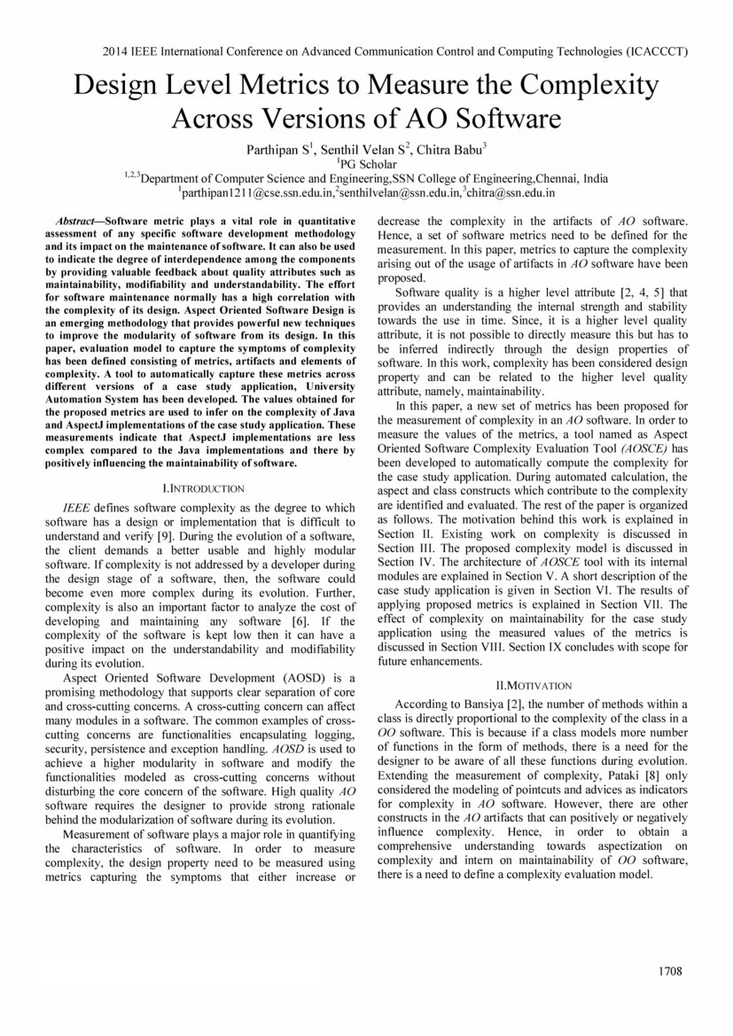 Design Level Metrics to Measure the Complexity Across Versions of AO ... Design Level Metrics to Measure the Complexity Across Versions of AO ...