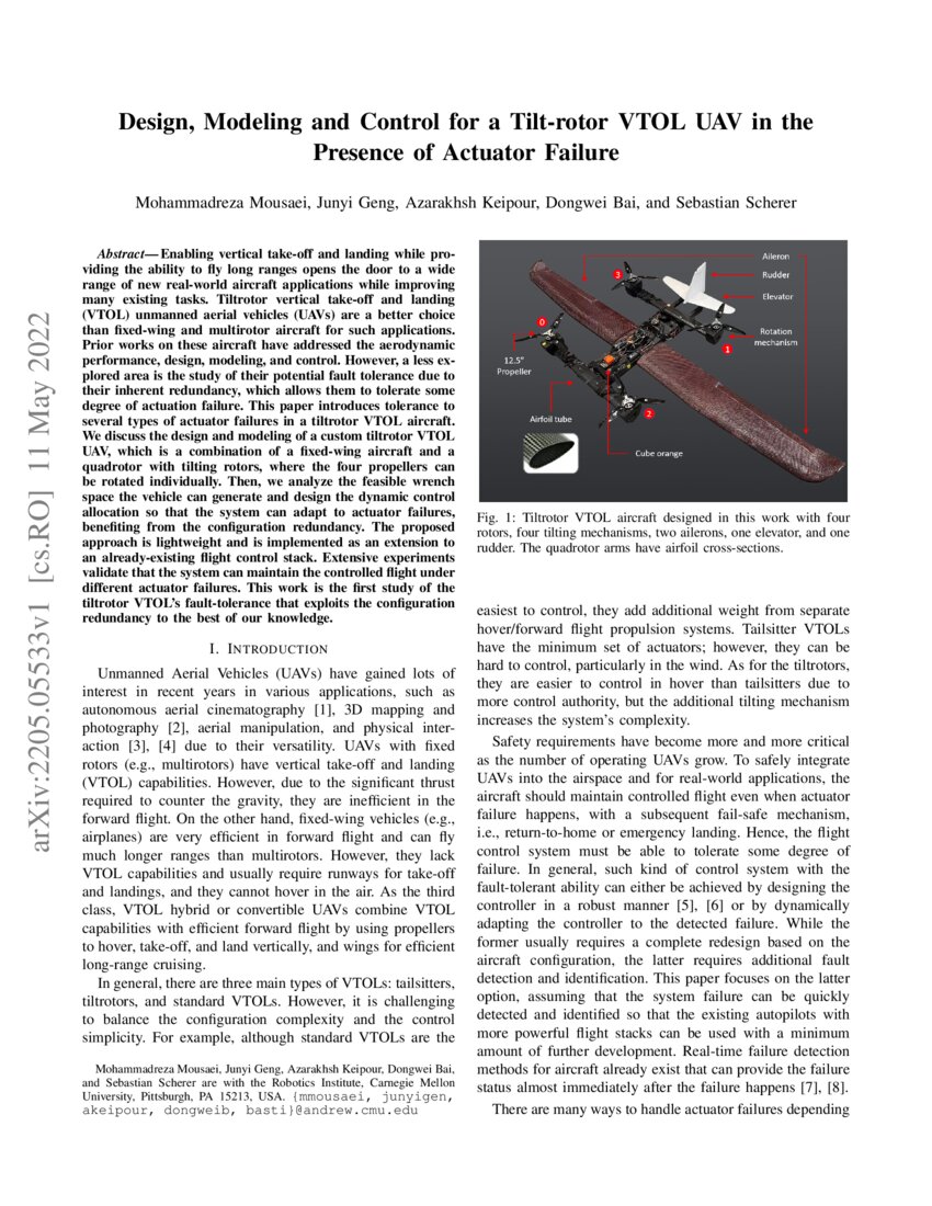Design, Modeling and Control for a Tilt-rotor VTOL UAV in the Presence ...