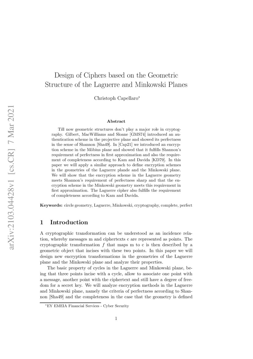 Design of Ciphers based on the Geometric Structure of the Laguerre and ...