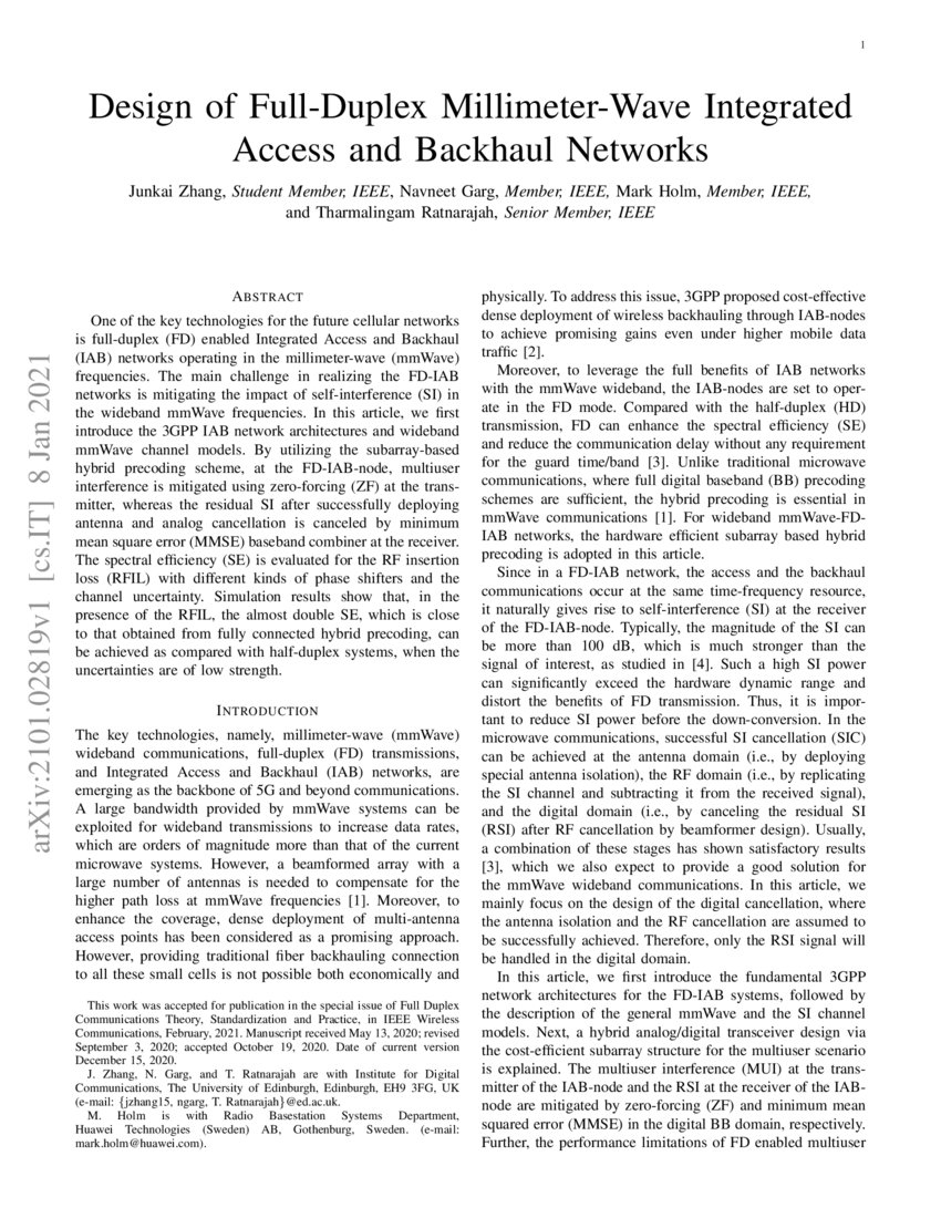 Design Of Full Duplex Millimeter Wave Integrated Access And Backhaul