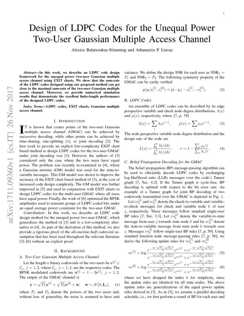 Design of LDPC Codes for the Unequal Power Two-User Gaussian Multiple Access Channel | DeepAI