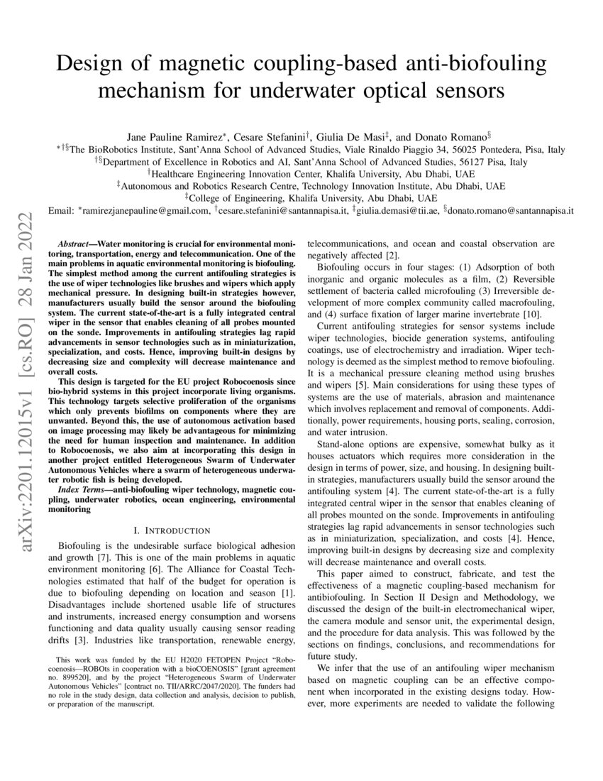 Design of magnetic coupling-based anti-biofouling mechanism for underwater optical sensors | DeepAI