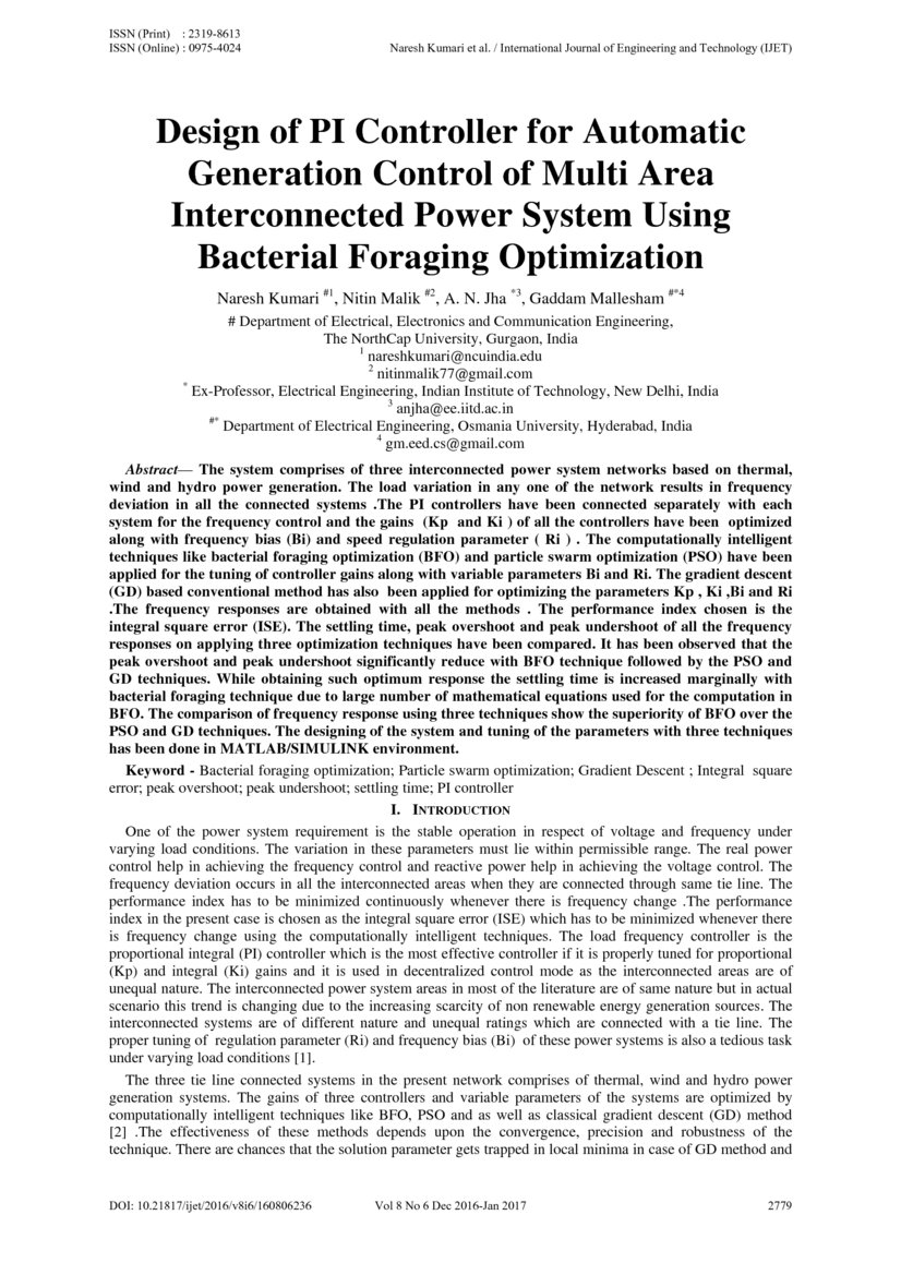 Design of PI Controller for Automatic Generation Control of Multi Area Interconnected Power ...