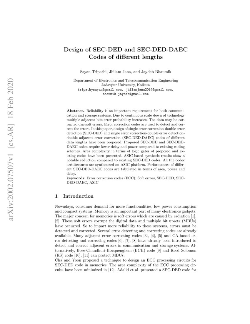 Design Of Sec Ded And Sec Ded Daec Codes Of Different Lengths Deepai