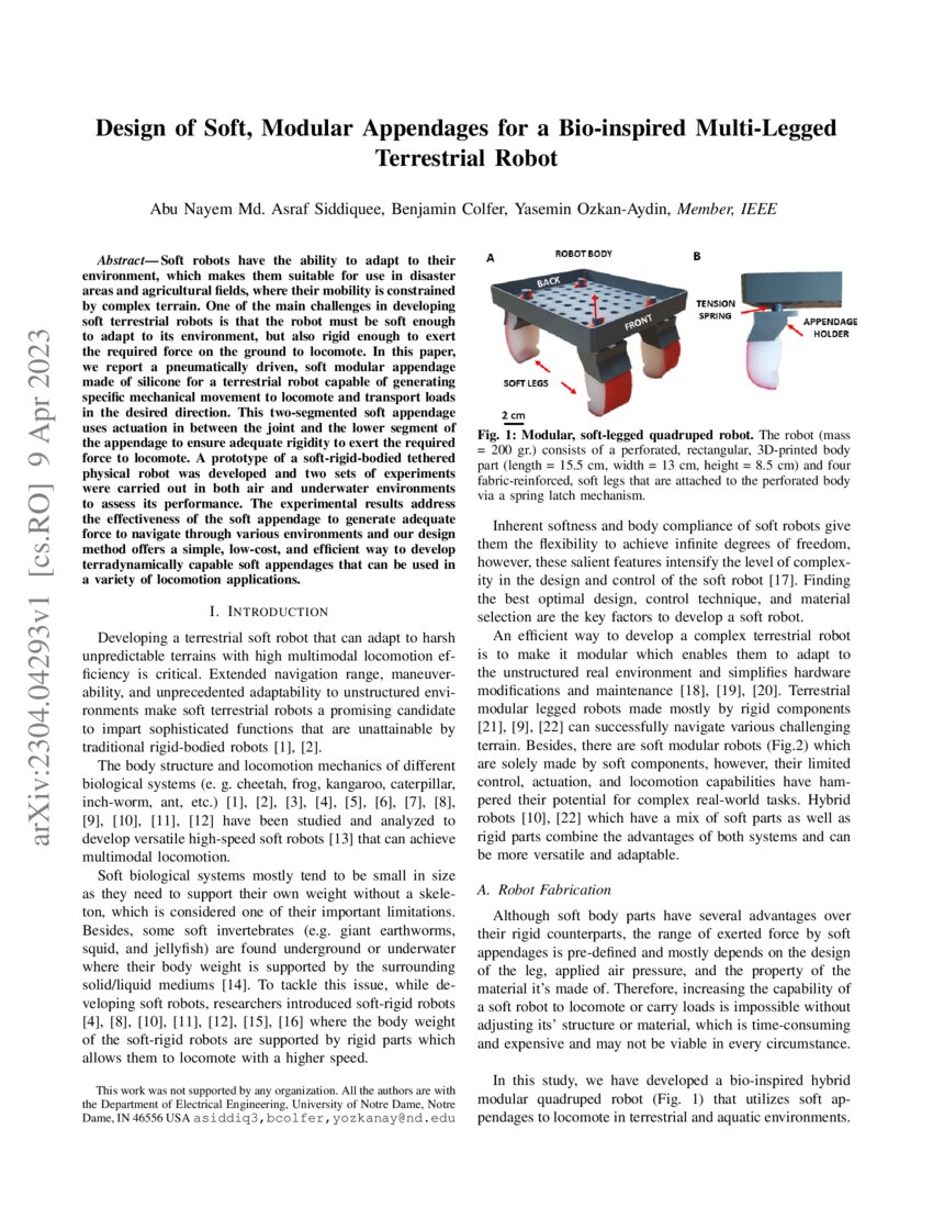 Design of Soft, Modular Appendages for a Bio-inspired Multi-Legged Terrestrial Robot | DeepAI